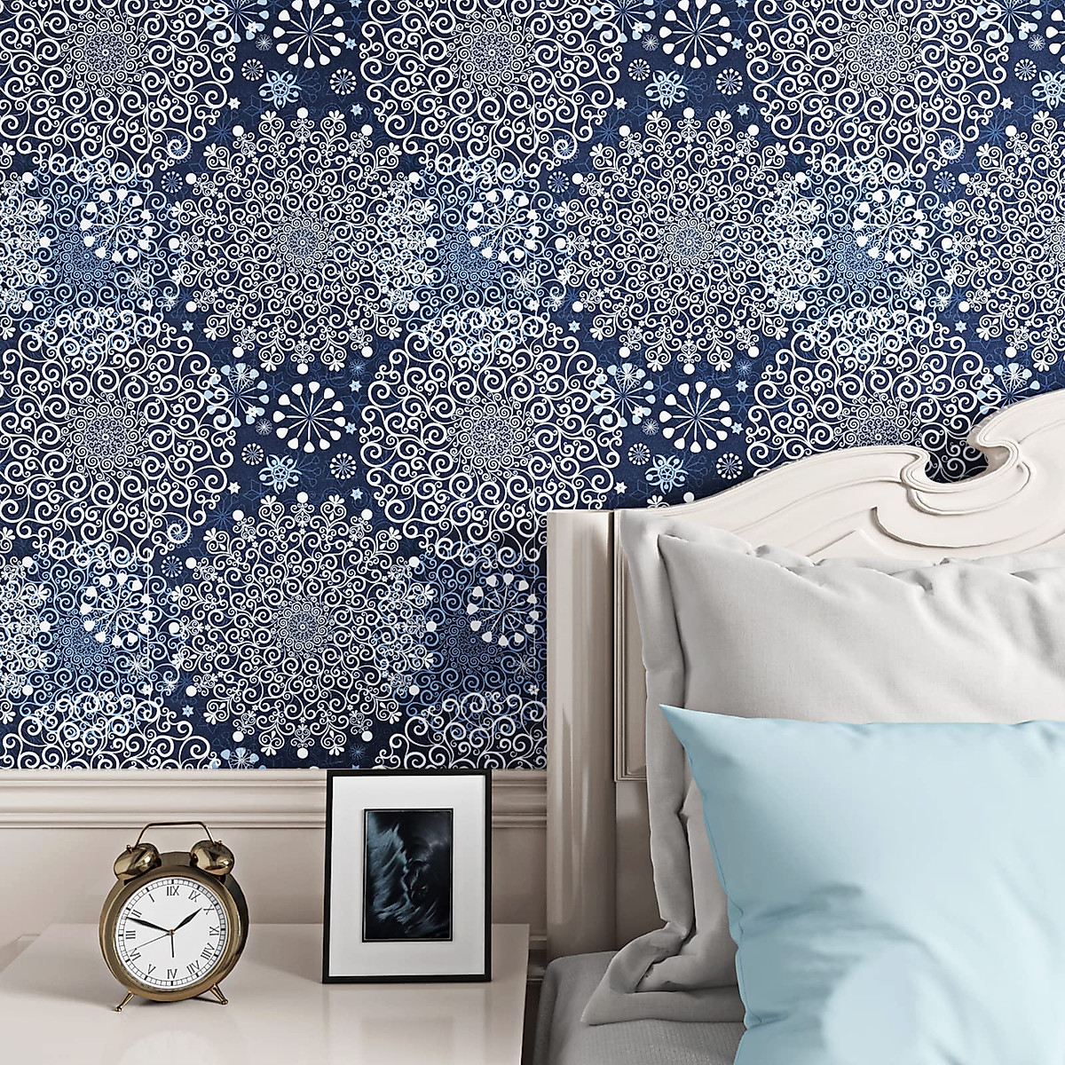 ReWallpaper Peel and Stick Wallpaper Boho Blue Bohemian Mural Wallpaper Stick & Peel Contact Paper for Walls 17.5in x 10ft Large Navy Floral Wall Paper Roll for Bedroom Bathroom Nursery Aesthetic