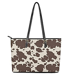 Poetesant Brown Cow Print Handbag for Women Cow Print Tote Bags Color Block Top-Handle Large Purses Casual Leather Shoulder Bags for Business