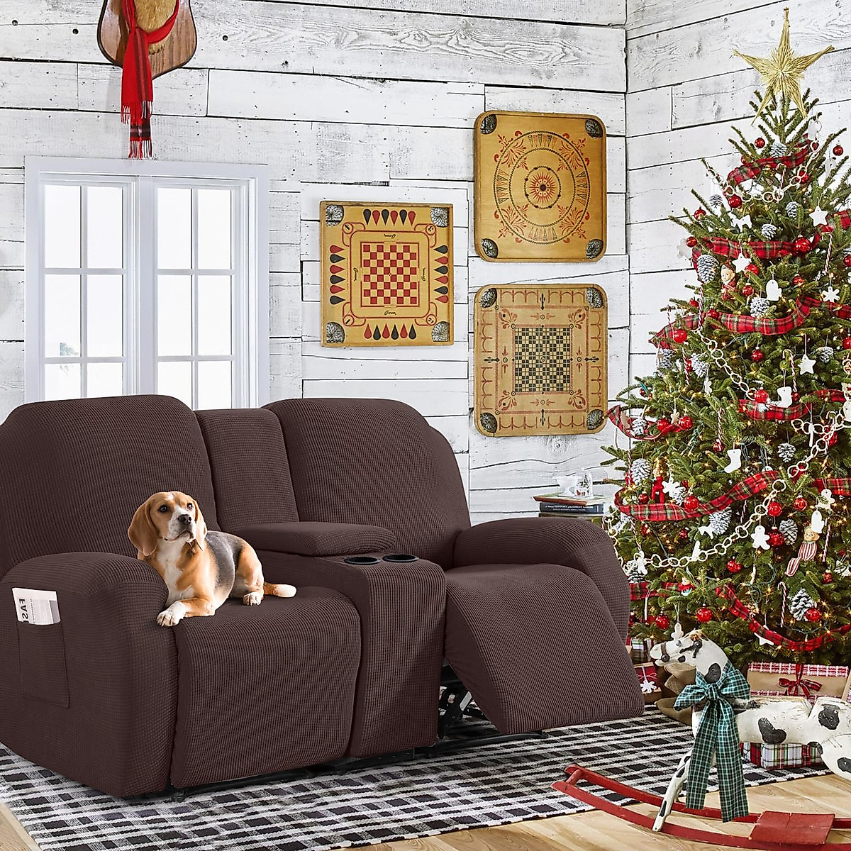 TAOCOCO Recliner Loveseat Cover with Middle Console Sofa slipcover, Stretch Reclining Sofa Covers for 2 Seat Reclining Couch, Jacquard Pattern Soft Loveseat Slipcover Furniture Protector, Dark Coffee