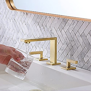 VCCUCINE Gold Bathroom Faucet, Modern Commercial 2 Handle 3 Holes Brushed Gold Widespread Bathroom Faucet, Brass Gold Bathroom Lavatory Vanity Sink Faucet with Water Supply Lines