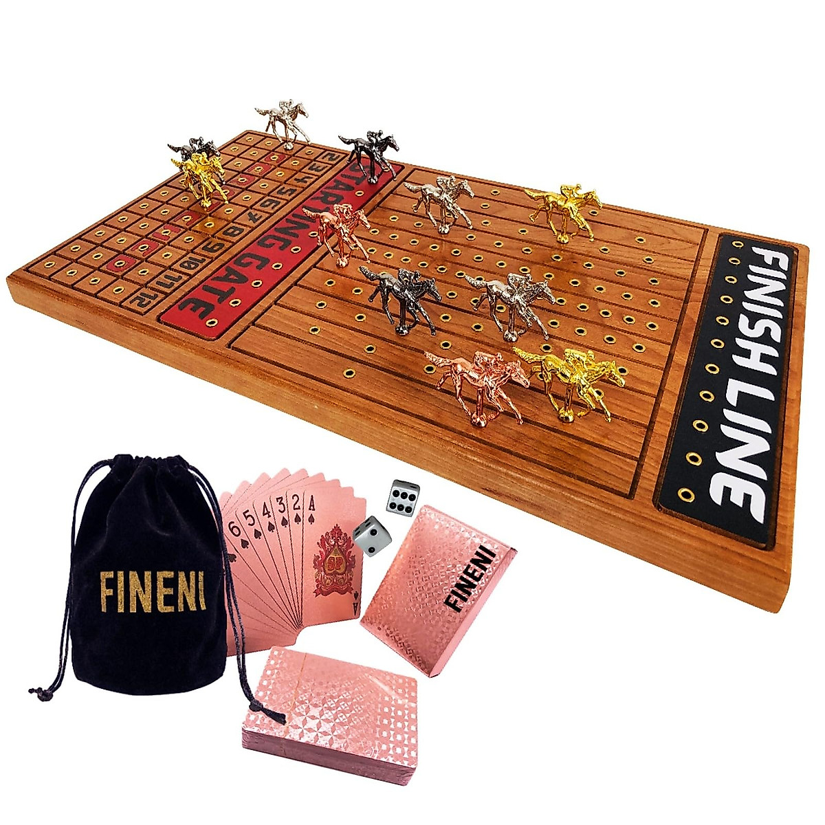 FINENI Horse Racing Game for Adults, Horse Race Board Game with 11 Luxurious Metal Horses (Gold, Silver, Black, Rose Gold), 22” Cherry Wood Horse Race Game Board, Dice & RoseGoldCard Included (Cherry)