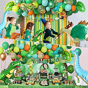 Dinosaur Birthday Party Decorations Supplies Happy Birthday Banner Crepe Paper Green Orange Blue Gold Dino Foil Balloons Garland Arch Kit for Jungle Safari Dinosaur Themed Baby Shower Party Boys Kids