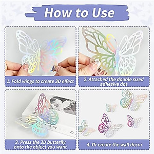 72 PCS Laser Butterfly Decorations, 3D Butterfly Decoration with 3 Styles 3 Sizes, Removable Butterfly Wall Decor Stickers (Laser)