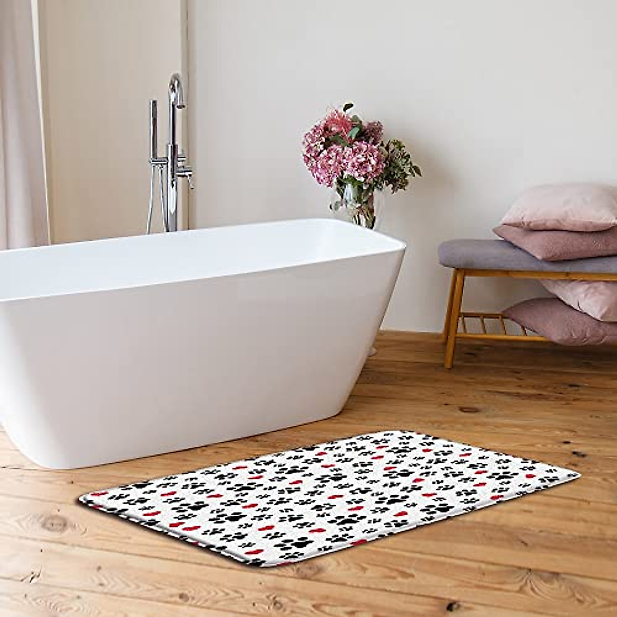 XHCEOH Dog paw Print Bath Mat Black White Red Cat Kitten Footprint Pet Lover Cute Animal Claw Cartoon Modern Memory Foam Plush Bathroom Rugs for Bathtubs, 29.5" x 17.7"