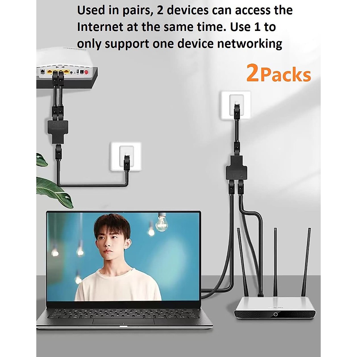 RJ45 Ethernet Splitter Adapter, 2 Pack 1 to 2 Ethernet Splitter 8P8C Socket Extender to Connect to LAN Network Internet Splitter Adapter, for Cat5, 5e, Cat6, Cat7, Black