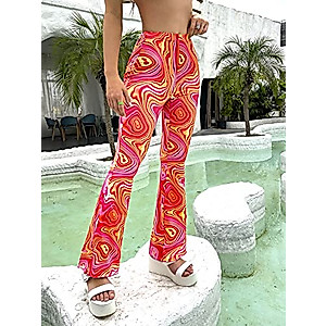 WDIRARA Women's Floral Print Elastic Waist Flare Leg Pants Stretchy Casual Long Pants Multicolour Marble M