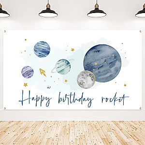 GROBRO7 Outer Space Birthday Party Backdrop Solar System Rocket Watercolor Banner Extra Large Planets Background Banners Baby Shower Party Decor Supplies for Indoor Photo Booth Props 6.5 x 3.7 ft