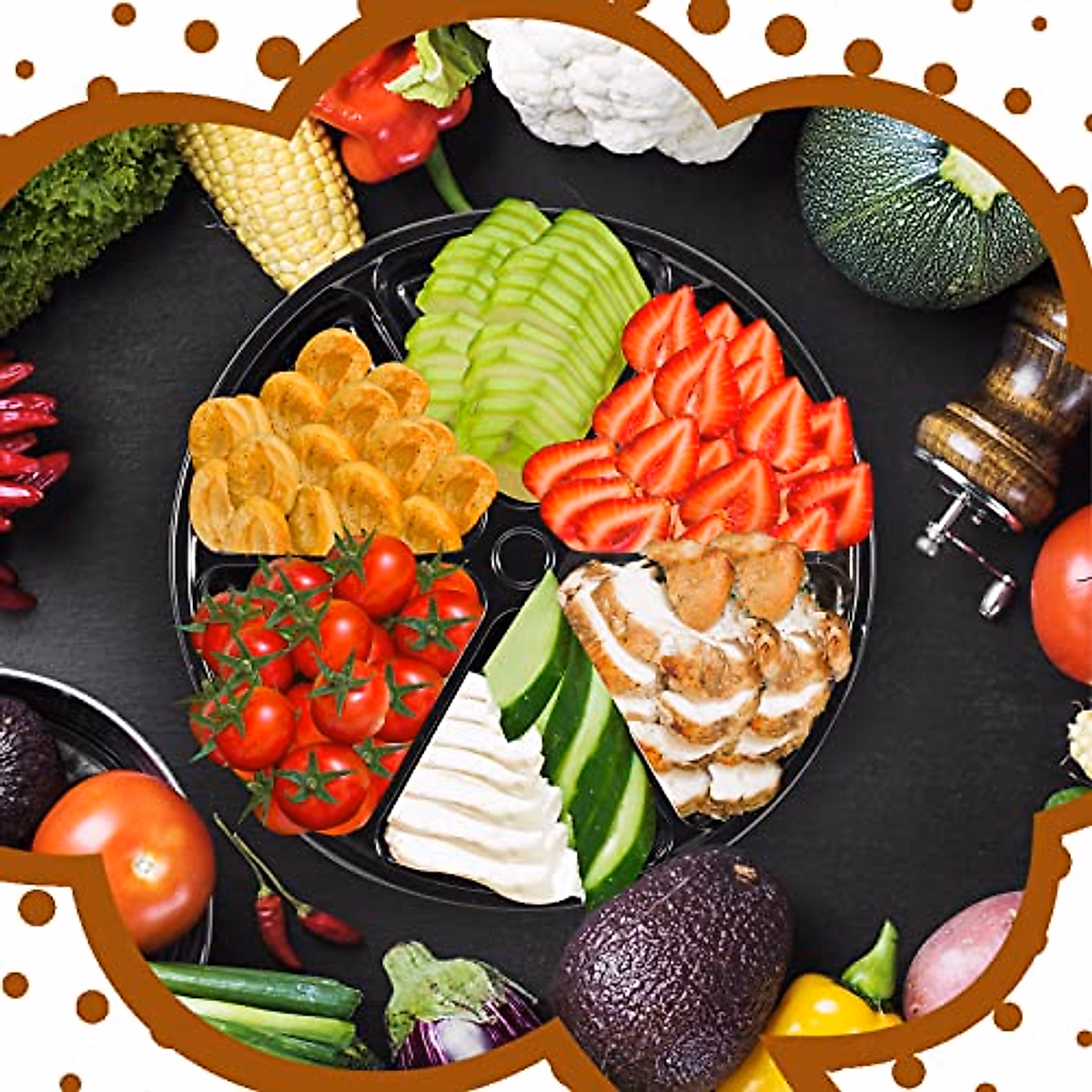 Baderke 10 Pack 10 Inches Round Plastic Serving Tray 6 Sectional Plastic Appetizer Tray with Lid Clear Food Platters Round Platter Container Veggie Fruit Organizer for Party and Buffet (Black)