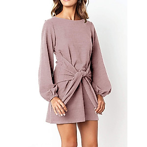 R.Vivimos Women's Autumn Winter Cotton Long Sleeves Elegant Knitted Bodycon Tie Waist Sweater Pencil Dress (Small, Light Violet)