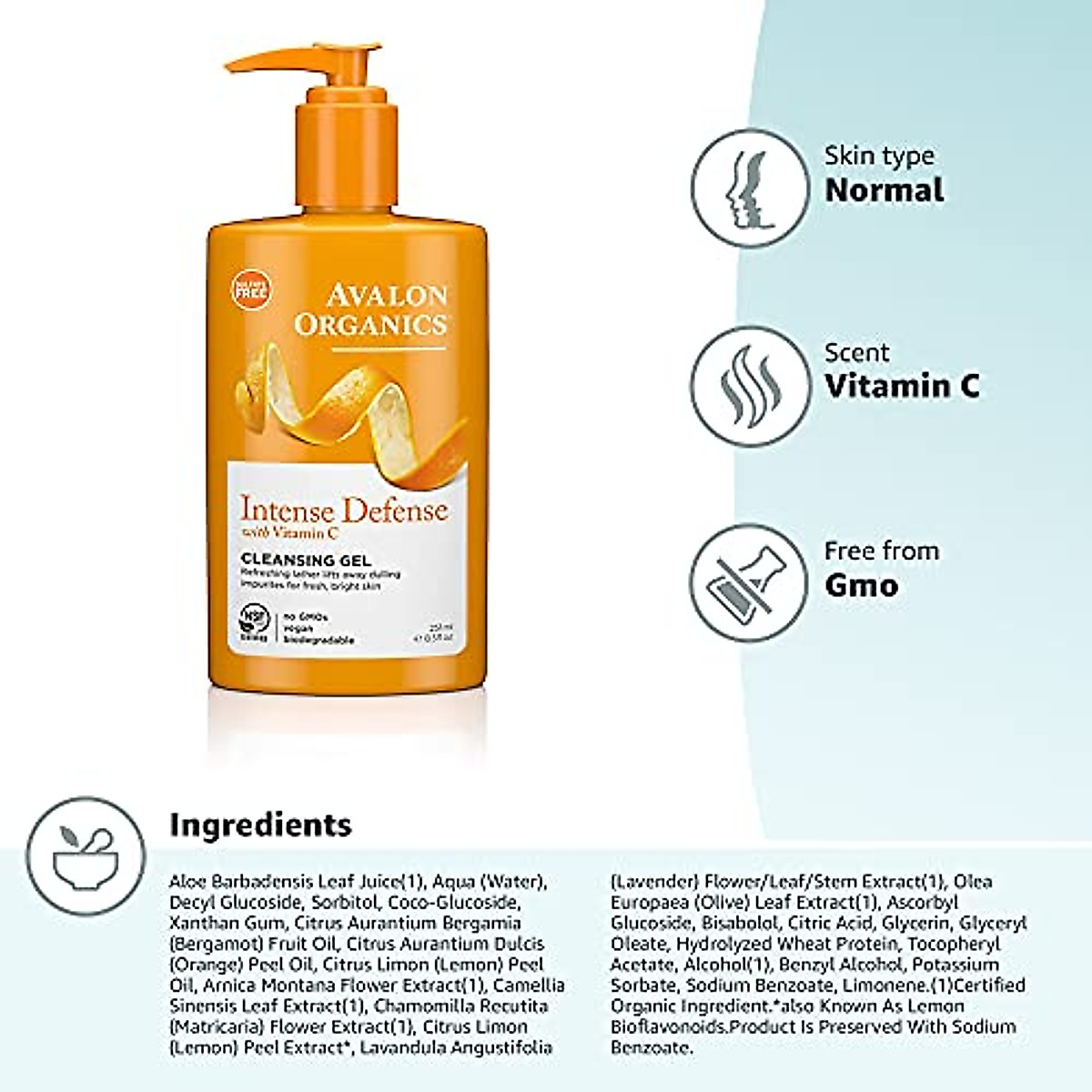 Avalon Organics Cleansing Gel, Intense Defense with Vitamin C, 8.5 Oz