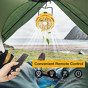 Portable Camping Fan with 9W LED Lantern, Powered by Dewalt 20V Li-ion Battery, Battery Operated Fan Ceiling Tent Fan with Hook, 180°Head Rotation Outdoor Rechargeable Fan for Hiking, Fishing, Travel