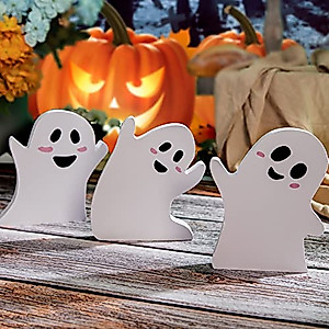 3 Pieces Halloween Decor Wooden Ghost Sign Table Tiered Tray Decorations, Trick or Treat Candy Sign Blocks for Party Home Shelf Display (Rustic)