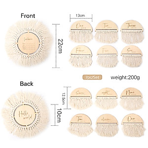 Boho Baby Monthly Milestone Cards | 7 Pcs Wooden Double Sided Discs from Newborn to 1 Year | Baby Gift Sets incl. Hello World Baby Birth Announcement Sign for Baby Shower & Photo Props