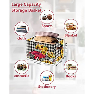 1 PC Large Storage Basket Bins Waterproof Fabric, Spring Sunflower Tulip Bee Floral Rectangular Storage Box for Shelf Closet Organizer Summer Red Truck Flower Black Plaid