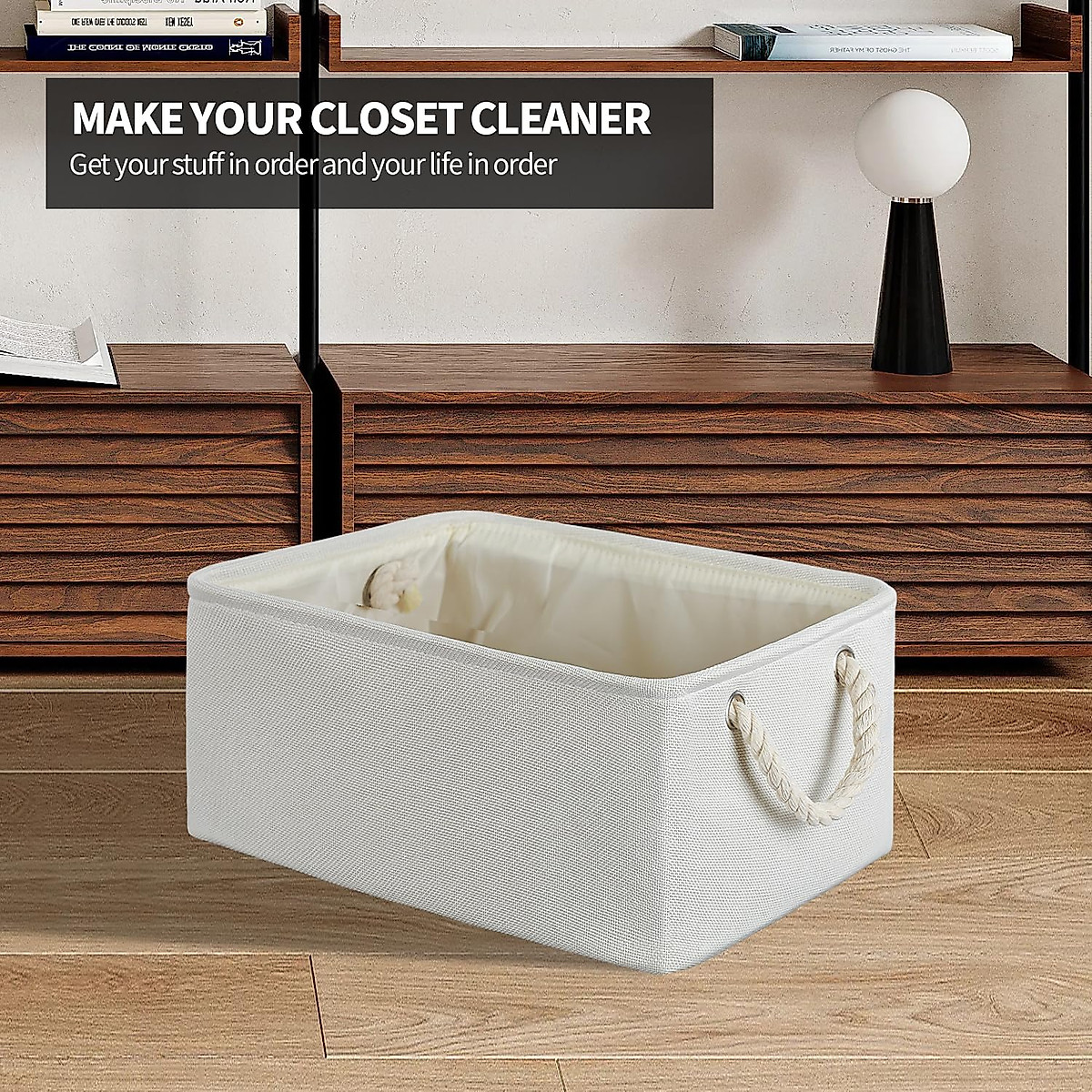 Storage Basket Bins 8 Pack Storage Baskets Bulk for Shelves - Decorative Baskets Storage Cubes Containers W/Handles for Clothes, Books, Home, Garage, Office, Bedroom, Parlor, Car (BeigeWhite)