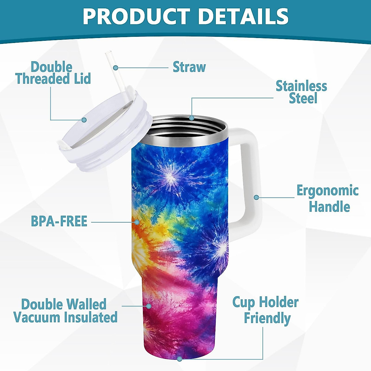 Msyxl 30 oz Insulated Stainless Steel Tumbler with Handle and Straw Lid - Leak-proof Coffee Mug for Men Women, Travel Mug Fits Cup Holder (Bright Tie-dye Pattern)