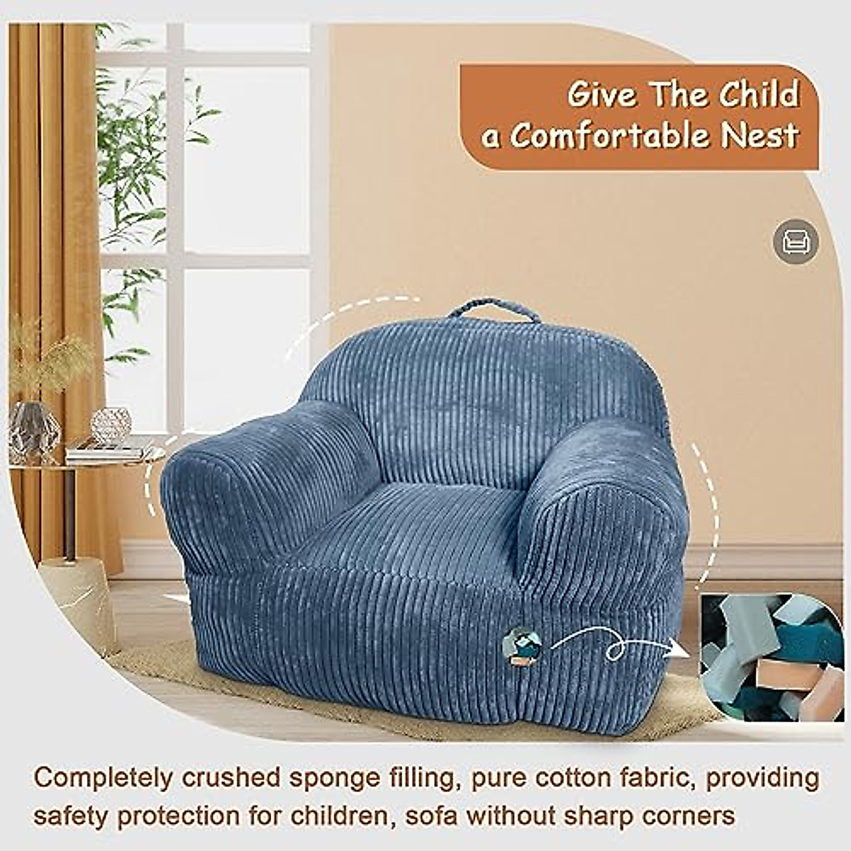 Louis Donné Bean Bag Sofa Chair, Ultra-Soft Foam Filling Arm Chair, Reading Couch for Kids, Teens and Adults, Lazy Sofa for Living Room, Bedroom - Blue