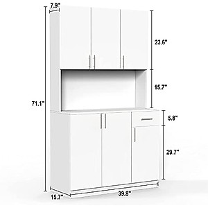 White Coffee Bar Cabinet 71" Modern Kitchen Buffet Storage Cabinet with Hutch White Kitchen Pantry Storage Cabinet with Drawer and 5 Door Coffee Bar Kitchen Buffet Hutch for Dining Room, White