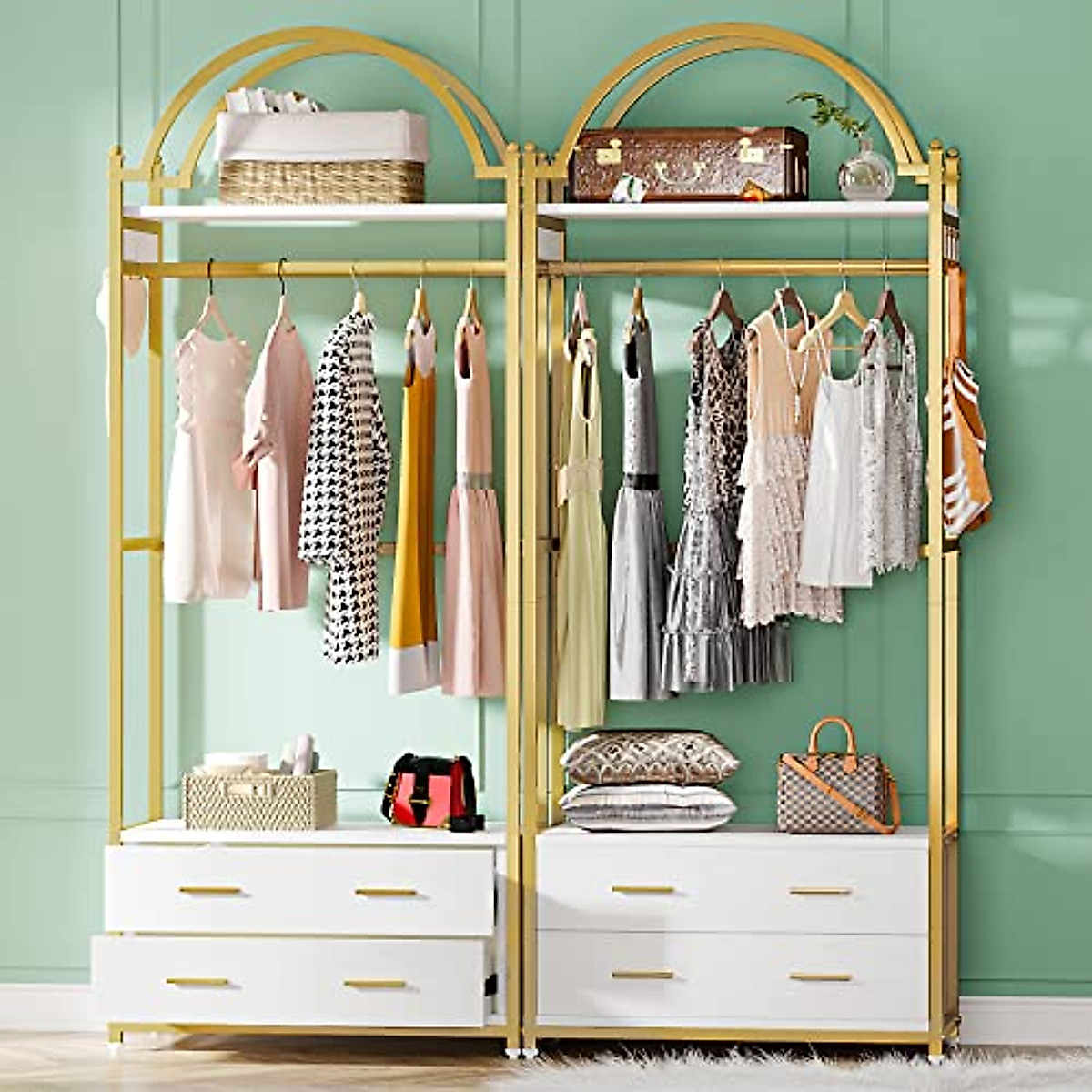 LITTLE TREE Tall Clothes Rack Shelves with Shelves Drawers and Hooks, Modern Arced Closet Organizer Heavy Duty Garment Clothing Freestanding Wardrobe Storage Shelving with Hanging Rod, White Gold