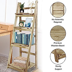 Babion Wood Ladder Shelf, 4-Tier Foldable Plant Shelf, Rustic Brown Indoor Plant Stand, Storage Rack Plant Stand for Home, Bedroom, Bathroom, Office, Industrial Style, Wooden Frame