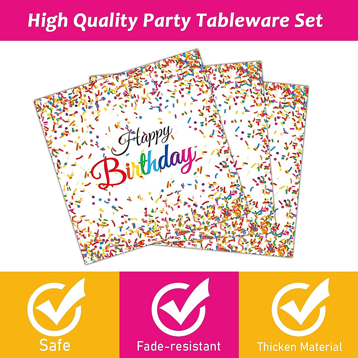 96 Pieces Happy Birthday Plates and Napkins Party Supplies for Confetti Sprinkles Theme Table Decorations Pastel Birthday Party Tableware Donut Paper Plates Napkins Forks Favors for 24 Guests.