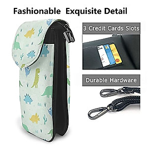 Women's Cell Phone Pouch Small Leather Crossbody Bags Cute Cartoon Dinosaurs Printed Wallet Purses with Adjustable Strap Mini Shoulder Bag Card Holder Wallet