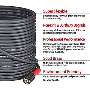 YAMATIC Super Flexible Pressure Washer Hose 50 FT 1/4", Kink Resistant Power Washer Hose Replacement for Flexzilla Uberflex Ryobi Genarac Troy Bilt Honda M22-14mm Rated 3200 PSI/Max 3700 PSI,Grey