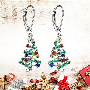 Christmas Earrings Christmas Tree Earrings for Women Dangle Drop S925 Sterling Silver Leverback Holiday X-Mas Jewelry