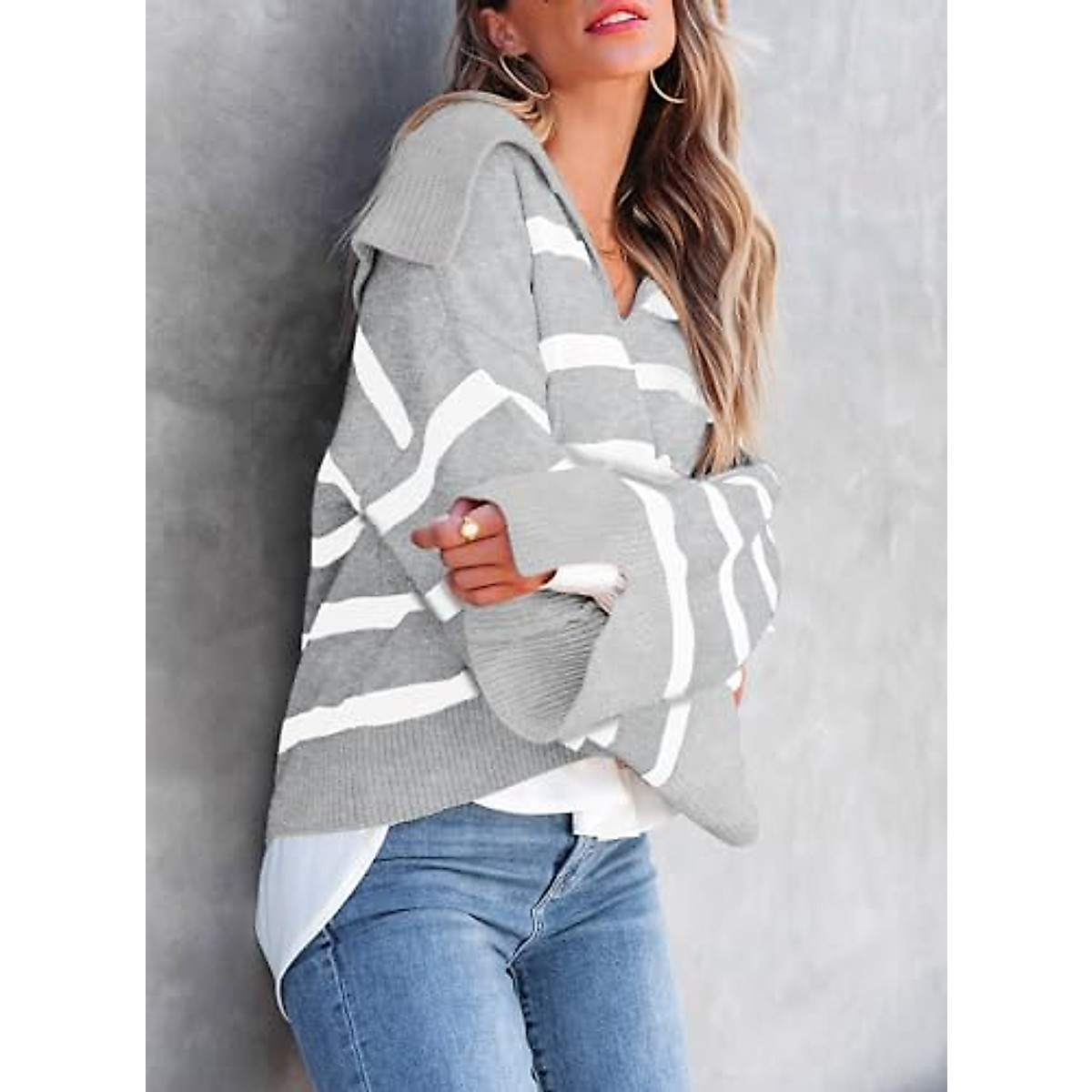 Dokotoo Fall Tops for Women 2023 Trendy Long Sleeve Knitted Striped Autumn Ladies Fashion Pullover Cashmere Sweaters Gray