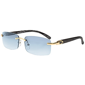 Elite Slim Rimless Rectangular Metal & Wood Art Aviator Sunglasses (2 PACK: Black - Blue)