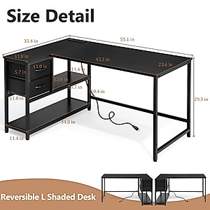 JOINHOM L-Shaped Desk with Drawers - 55 in Reversible Black Office Desk for Home Office, Computer Desk with Storage for Bedroom, L-Shaped Computer Desk with USB Ports and Bookshelf