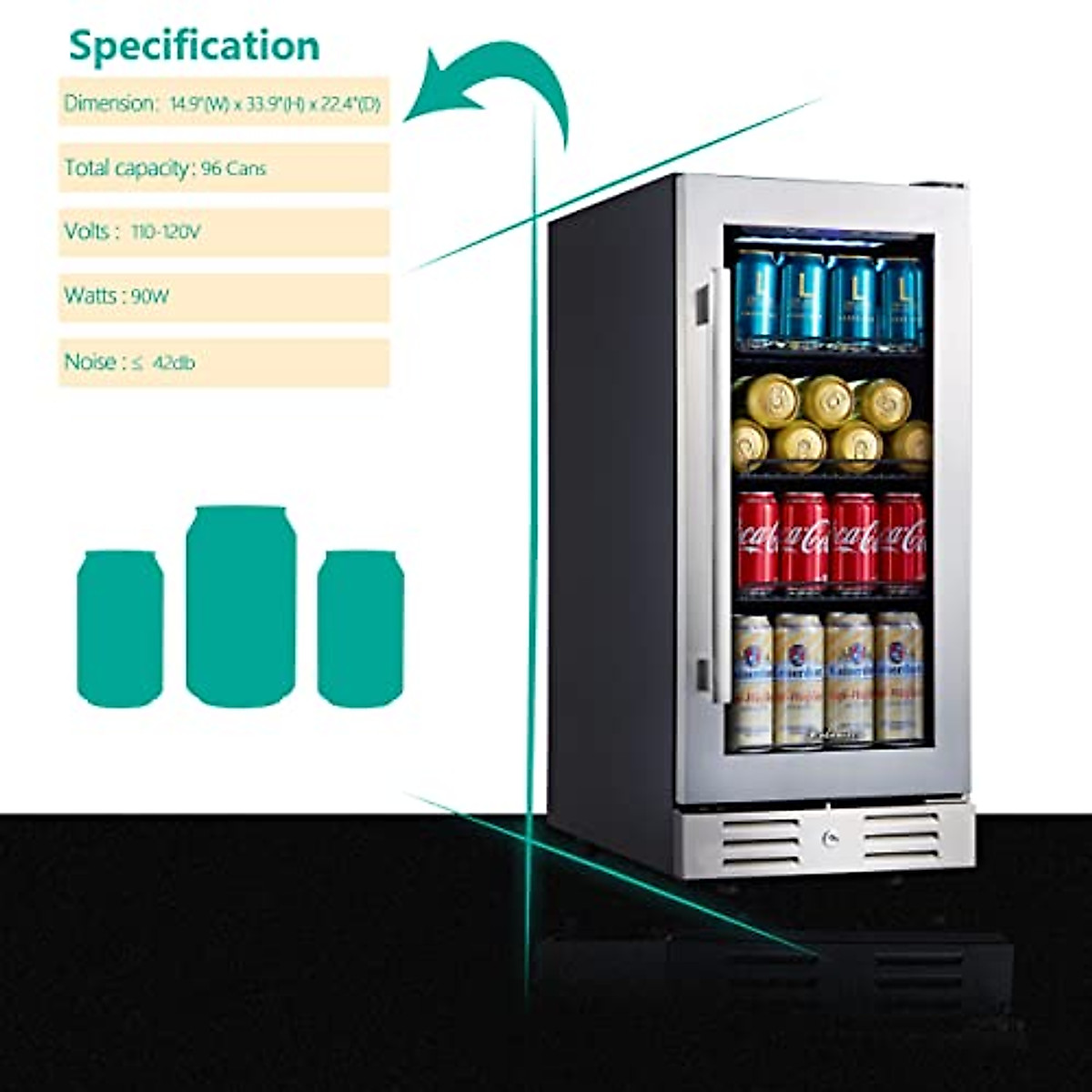 Kalamera Beverage Refrigerator Cooler, 100 Cans Mini Fridge with Glass Door Built-in or Freestanding, 15 inch Beverage Fridge with Seamless Stainless Steel Door for Beer Drinks or Soda