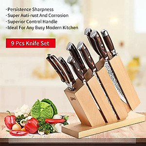 Durust Kitchen Knife Set with Beech Wood Block, 9-Piece 5Cr15Mov Stainless Steel Knives with Pakkawood +S/S 430 Bolster Handle,