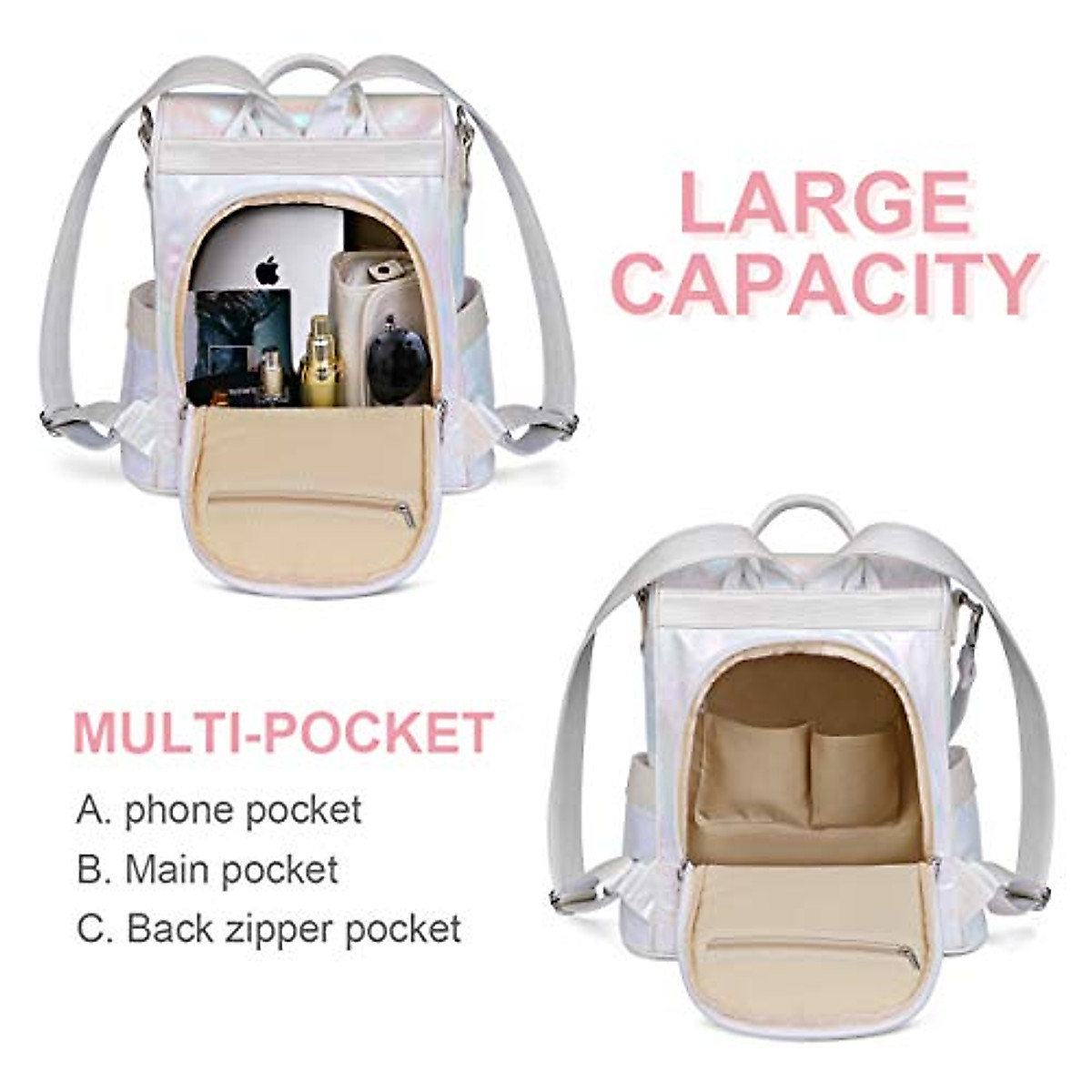 GALPADA Women Backpack Holographic Rainbow Shoulder Bag Satchel Travel Daypacks Leather Purse Anti- theft Backpack For Lady girls