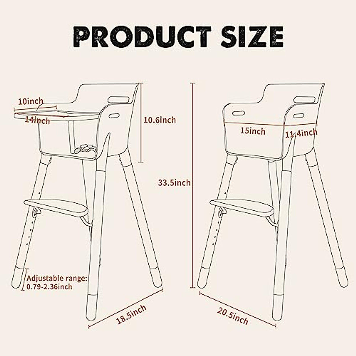 Baby High Chair, Wooden High Chairs for Babies & Toddlers, Highchair with Adjustable Footrest, Removable Tray, Ergonomic Seat Back, Easy to Assemble & Clean, 6 Months to 10 Years Old, White