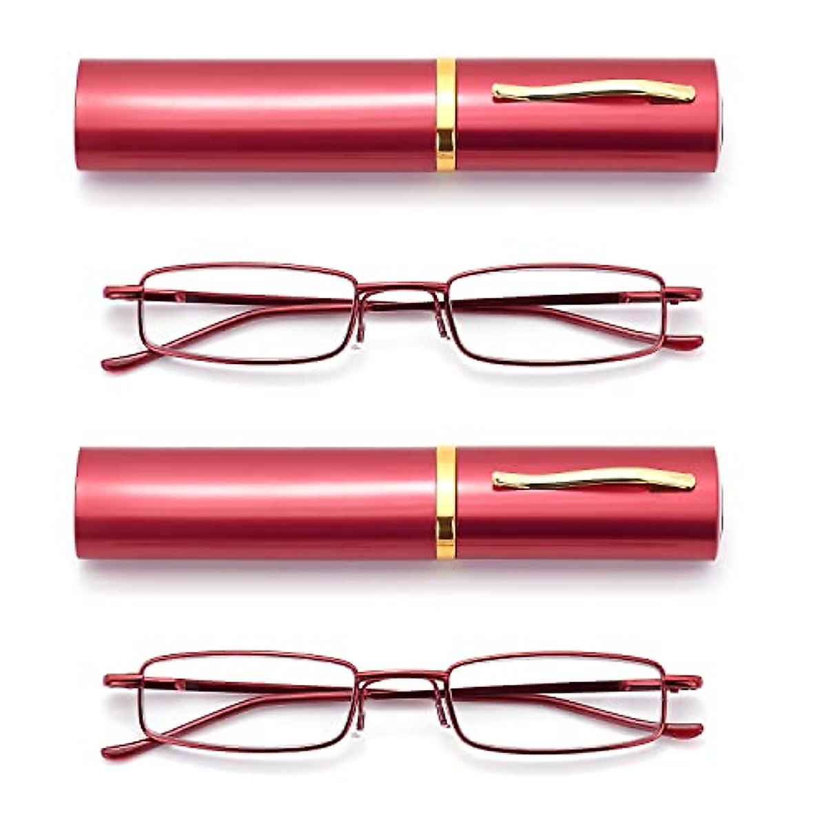 HIGHLIKE 2-Pack Slim Pocket Reading Glasses Men Women, Compact Readers Super Clear Lens, Spring Hinge Metal Frame Eyeglasses, Red Red 2.0 x