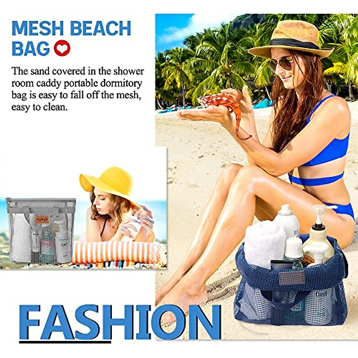 3 Pcs Portable Mesh Shower Caddy Tote, Quick Dry Tote Bag Mesh Beach Bags for Women, Hanging Toiletry and Bath Organizer for Travel Swimming Sports Gym Camp Shopping College Dorms (Black Gray D Blue)