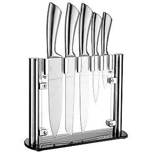Cheer Collection Stainless Steel Chef Knife Set with Acrylic Stand (6-Piece) Professional Kitchen Utensils - Sharp Serrated and Standard Blades for Mincing, Chopping, Slicing