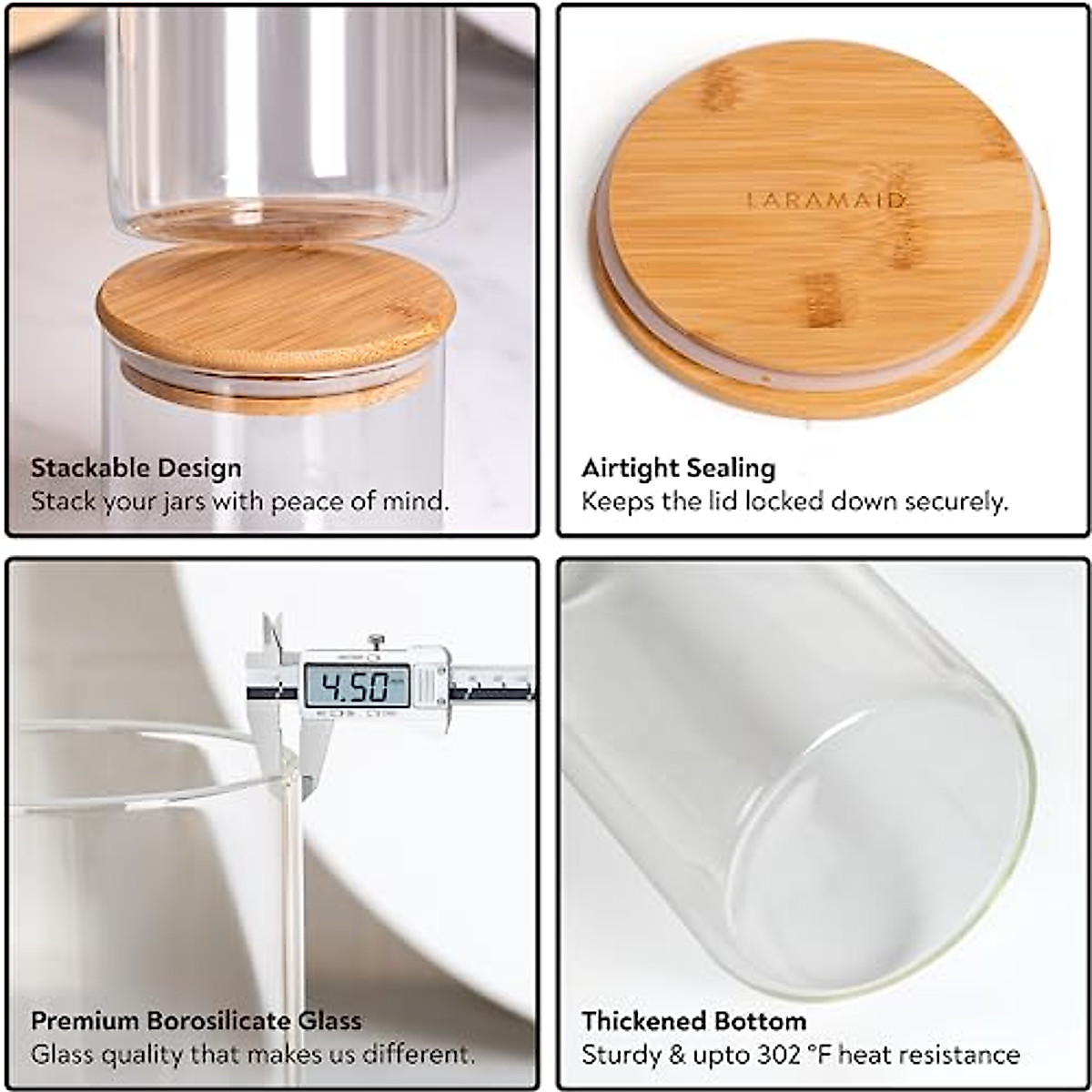 Laramaid Glass Jar Set (3x22oz/3x35oz) Set of 6 with 160 Minimalist Pantry Labels, Round Canister Jars with Bamboo Lids and Transparent Customized Sticker Labels, Food Storage Containers