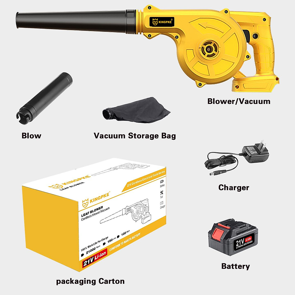 Leaf Blower Cordless with Battery and Charger, Battery Powered Electric Leaf Blower, 2-in-1 Portable Mini Leaf Blower &Vacuum for Lawn Care, Dust/Snow Blowing