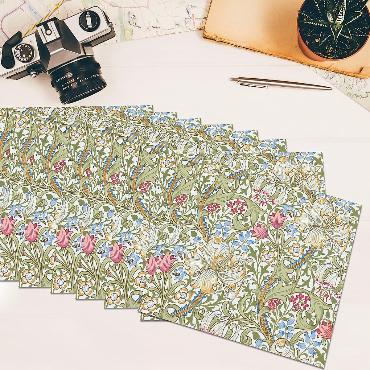 Bolsome 100Pcs William Morris Paper Napkins Vintage Flowers Cocktail Napkins Disposable Green Gold Wildflowers Luncheon Hand Napkins for Wedding Bridal Shower Dinner Tableware Supplies