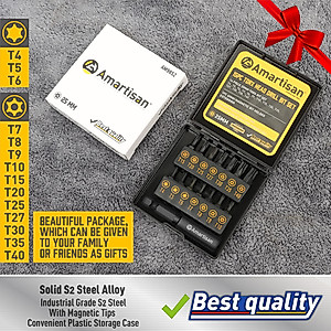 Torx Bit Set, Amartisan 15-Piece Security Torx Bit Set, Tamper Resistant Star Bits Set S2 Steel, 1" Long T4 - T40 and 1/4”Magnetic Extension