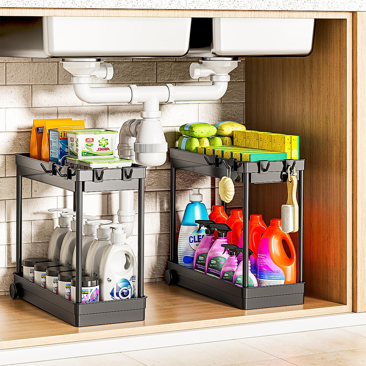 Cicilyna Under Sink Organizer, Under Cabinet Basket Organizer Drawer with Hooks, Bathroom Standing Rack, Multi-purpose Storage Shelf, Black