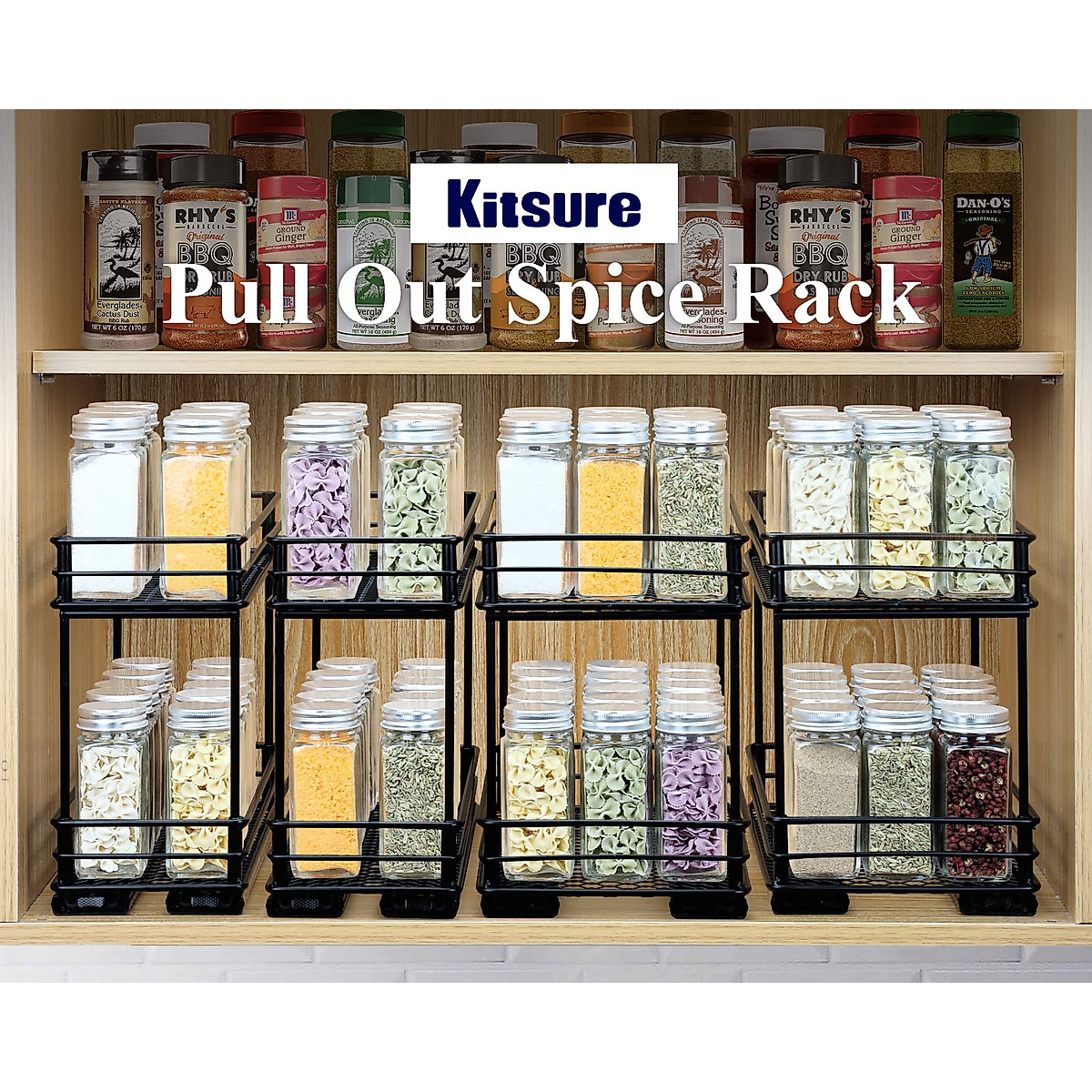 Kitsure Spice Rack Organizer for Cabinet - 2 Packs, Easy-to-Install Pull Out Spice Cabinet Organizers, 4.33''Wx10.23''Dx8.54''H Slide Out Spice Racks