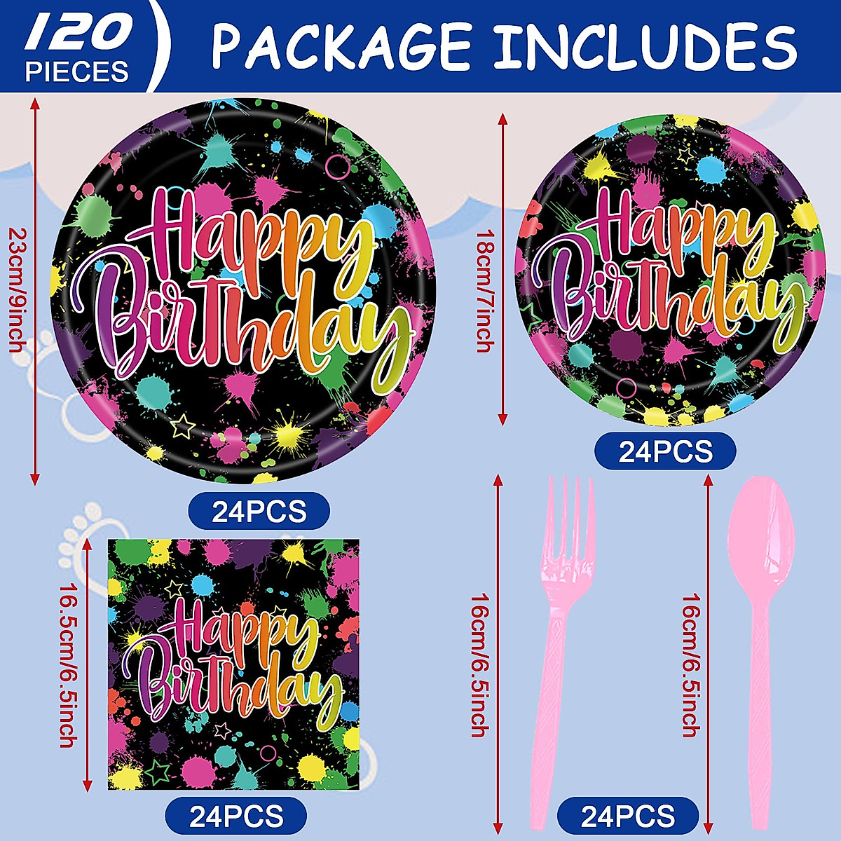 TeeFity 120 Pcs Neon Glow Birthday Party Tableware Set, Party Table Decorations Supplies Include 7 Inch and 9 Inch Paper Plates, Napkins and Forks Spoons for 24 Guests