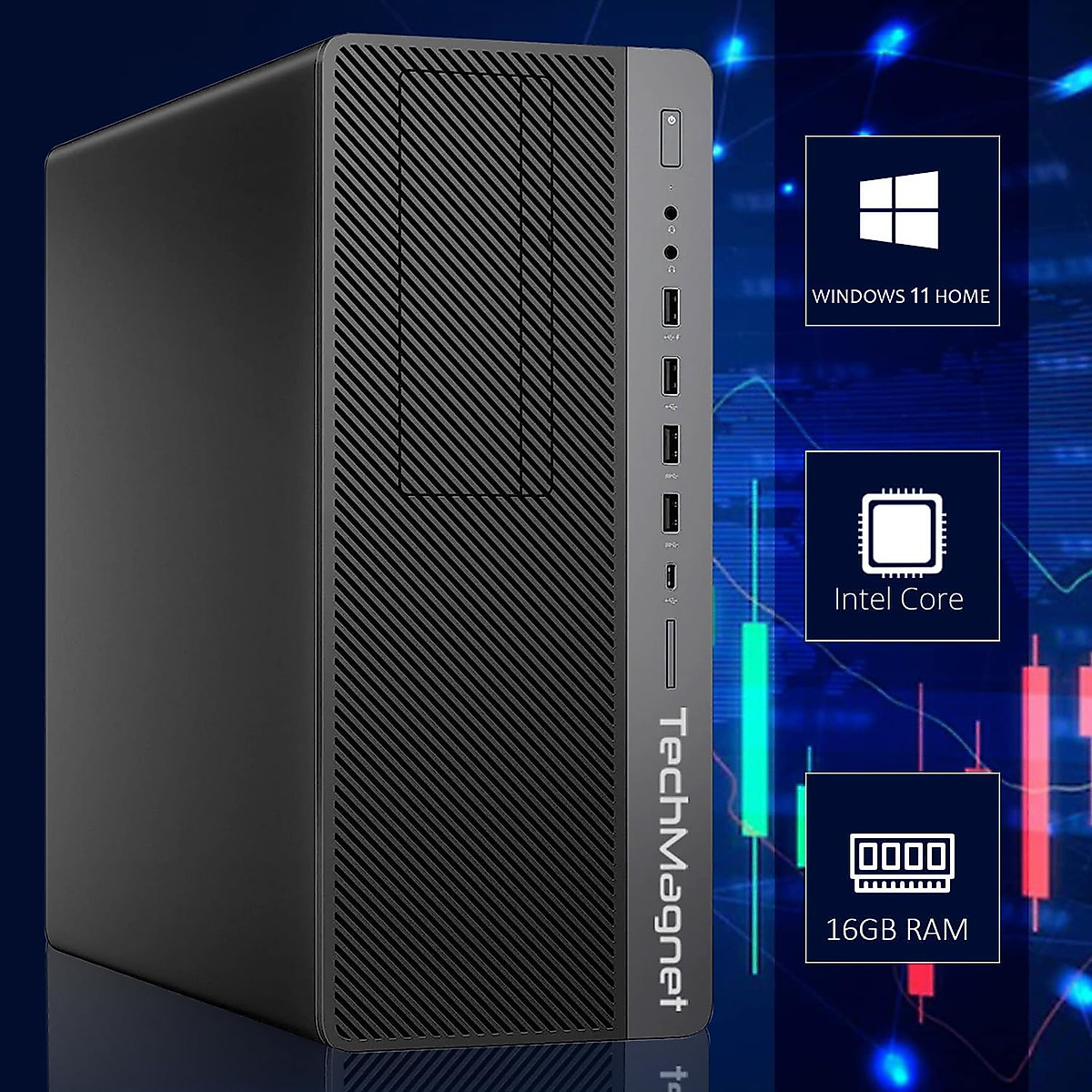 Trading Desktop PC TechMagnet, Intel Core i7 9th Gen, 16GB RAM, 512GB SSD + 2TB HDD, 4 New 22” LED Monitors, 2 Network Cards, Trading Platform Support, MTG Keyboard & Mouse Win 11 (Renewed)