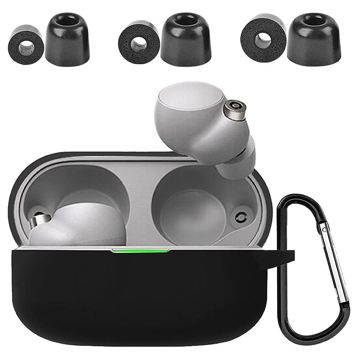 A-Focus WF-1000XM4 Case Ear Tips Kit, Silicone Cover 3 Pairs Memory Foam Noise Reduce Comfortable EarTips with Carabiner Accessories Set Compatible with Sony WF-1000XM4 Black