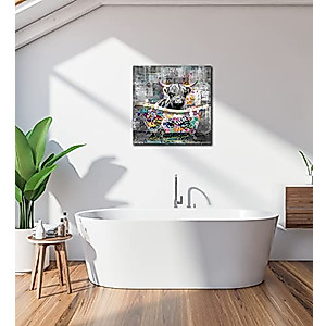 Kepgonegu Highland Cow Bathroom Wall Art Banksy Graffiti Canvas Wall Art Black and White Wall Art Ready to Hang Size 14”W x 14”H