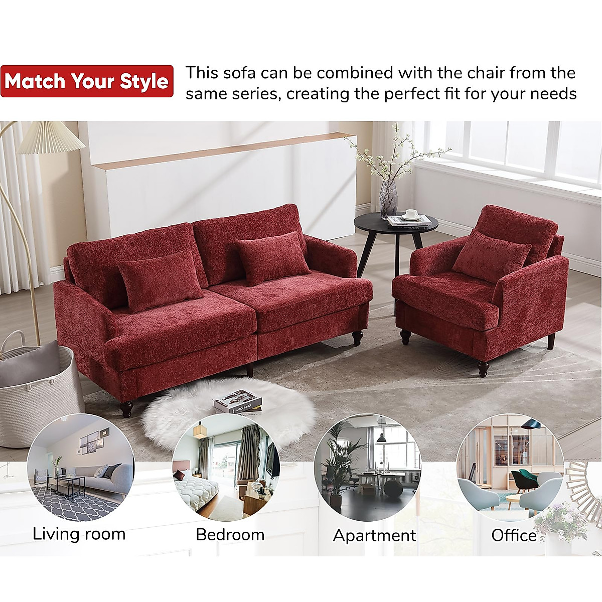 JOYBASE 70 inch Loveseat Sofa, Mid-Century Modern Love Seat Couch with Wood Legs, Upholstered Comfy Sofa for Living Room, Apartment, Office, Bedroom (Wine Red, Chenille)