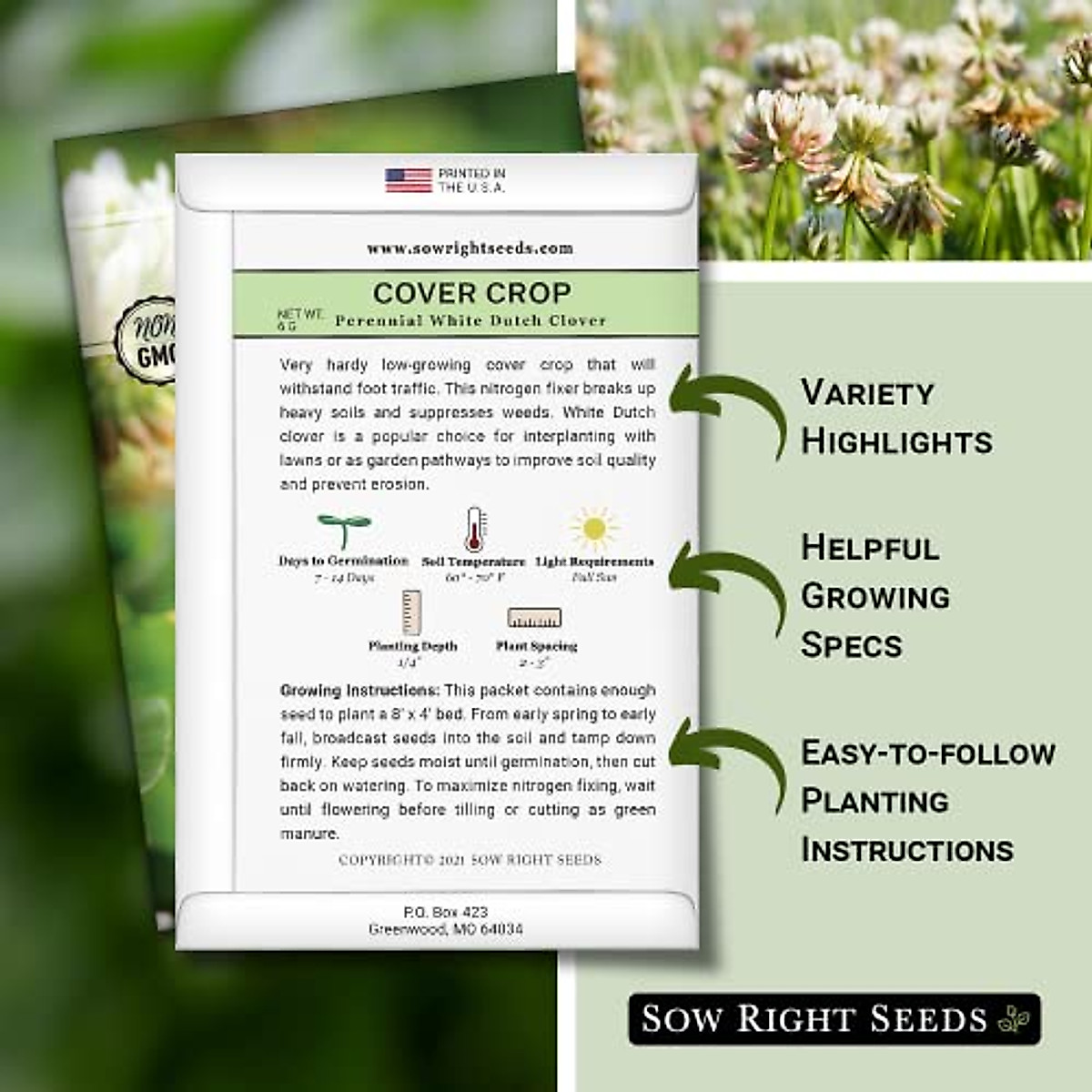 Sow Right Seeds - White Dutch Clover Seed for Planting - Cover Crops to Plant in Your Home Garden - Nitrogen Fixer - Clover Seeds Ground Cover - Non-GMO Heirloom Seeds - Gardening Gift